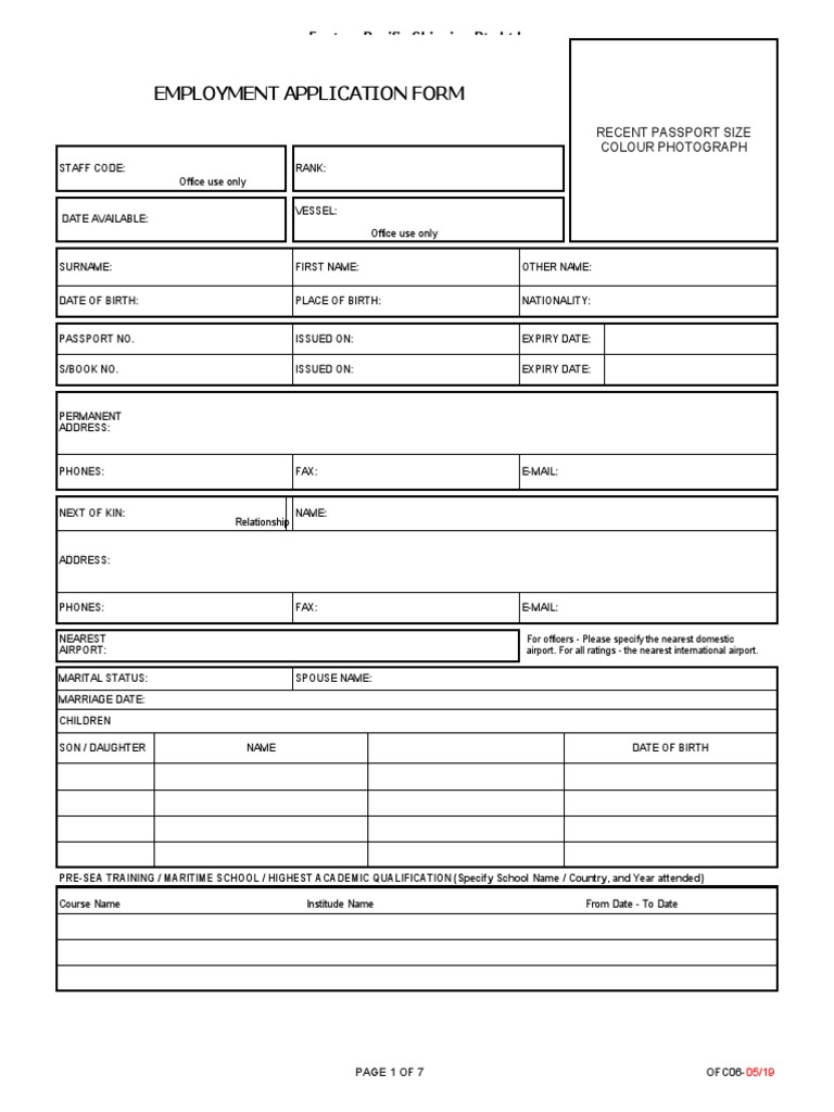 Employment Application Form: Eastern Pacific Shipping Pte LTD | PDF ...