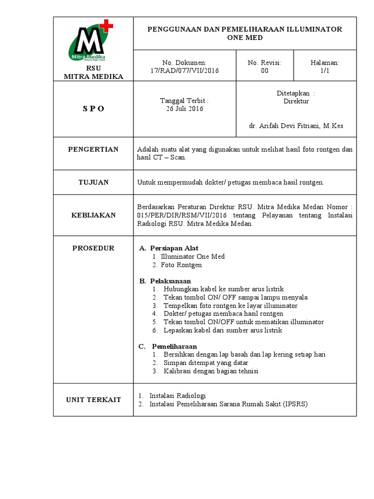 Spo Penggunaan Dan Pemeliharaan Illuminator One Med | PDF