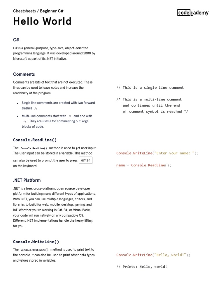 Beginner C Hello World Cheatsheet Codecademy Pdf