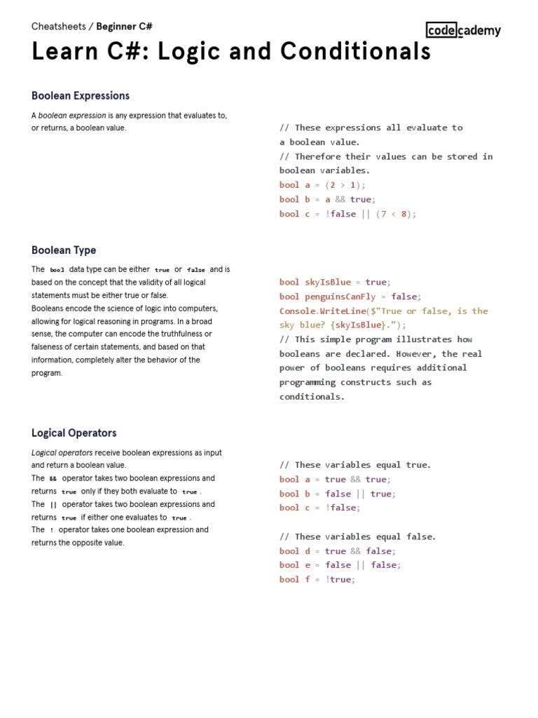 Beginner C Learn C Logic And Conditionals Cheatsheet Codecademy Pdf Boolean Data 4593