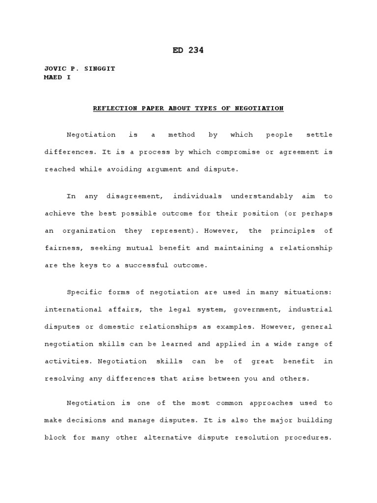 Reflection Paper of Types of Negotiation | PDF | Negotiation | Human Nature