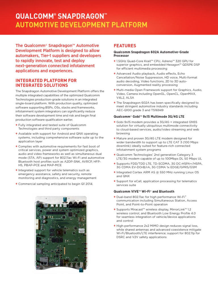 Qualcomm Snapdragon Automotive Development Platform Spec Sheet | PDF | 3 G | Wi Fi