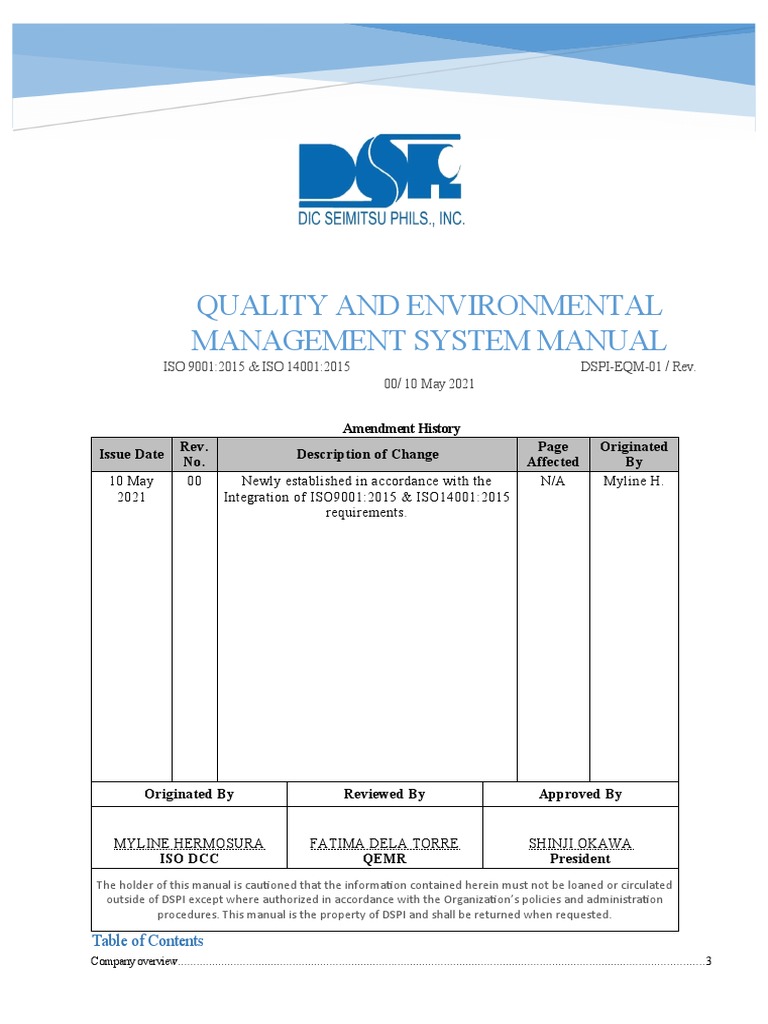 Quality and Environmental Management System Manual | PDF | Iso 9000 ...