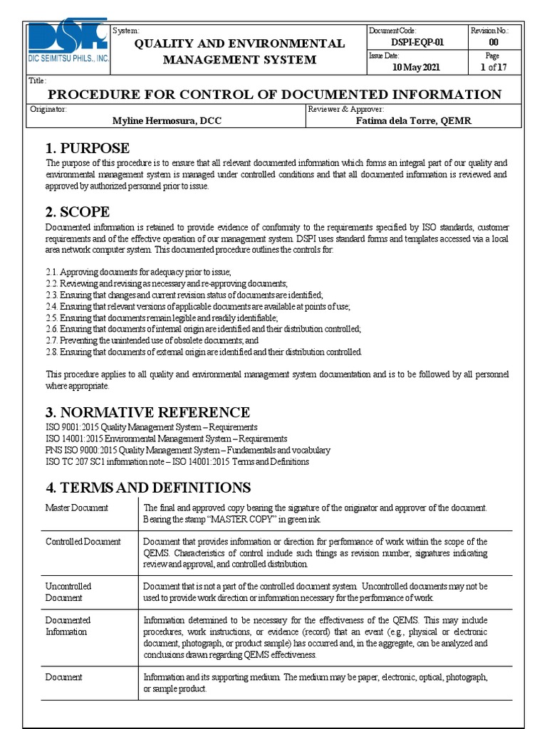 Purpose: Procedure For Control of Documented Information | PDF | Audit ...