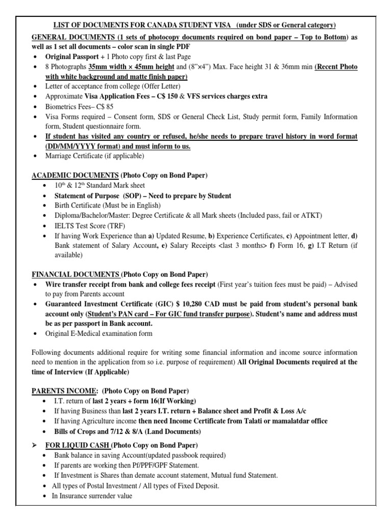 LIST OF Canada Student Visa DOCUMENTS CHECKLIST March 2020 | PDF ...