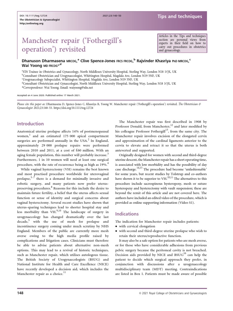 TOG Manchester Repair | PDF | Vagina | Uterus