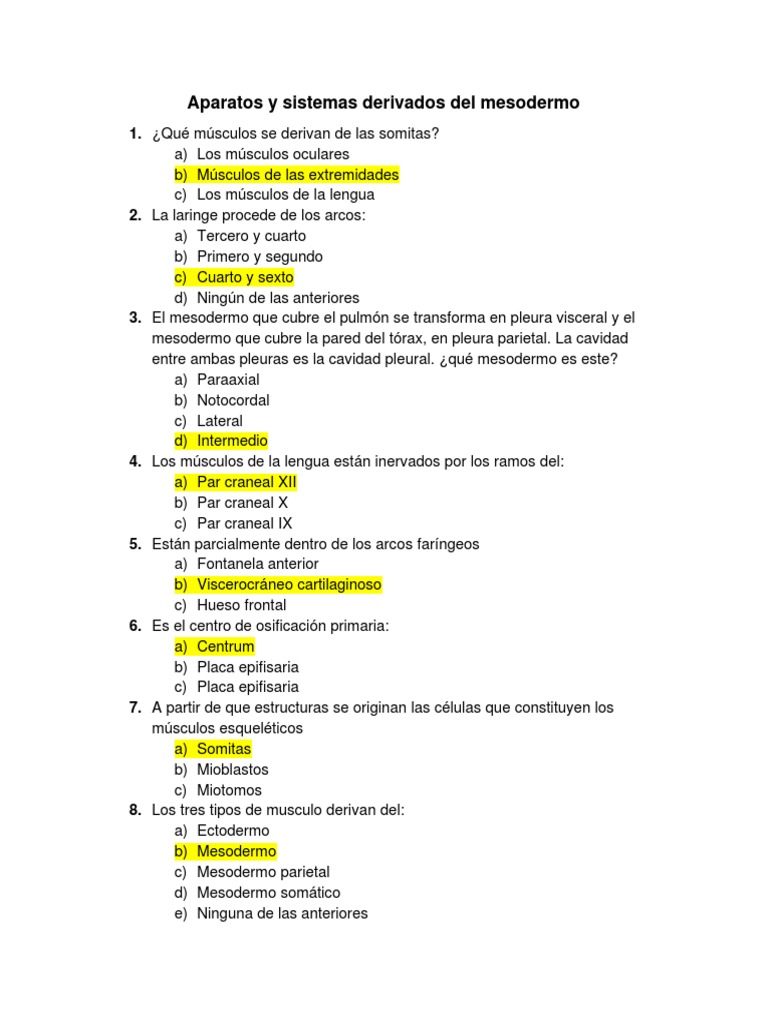 Preguntas Sobre Los Aparatos y Sistemas Derivados Del Mesodermo | PDF ...