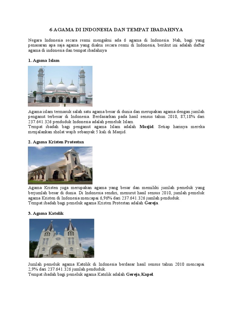 6 Agama Di Indonesia Dan Tempat Ibadahnya | PDF