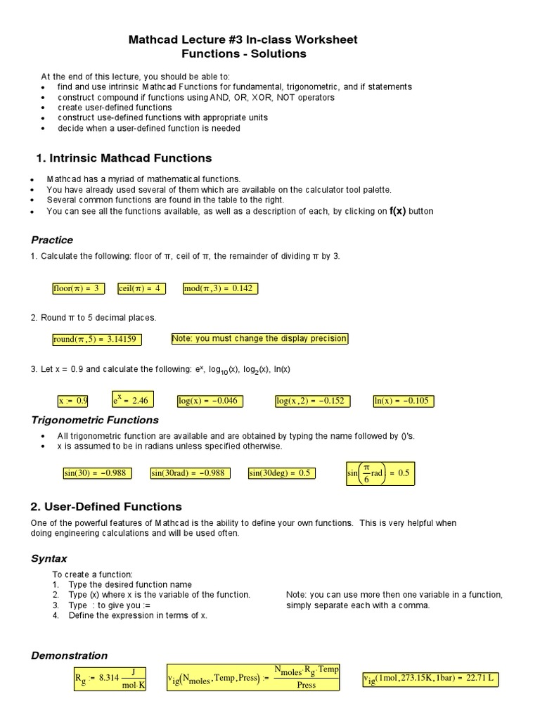 Mathcad Lecture #3 In-Class Worksheet Functions - Solutions: Practice | Download Free PDF ...