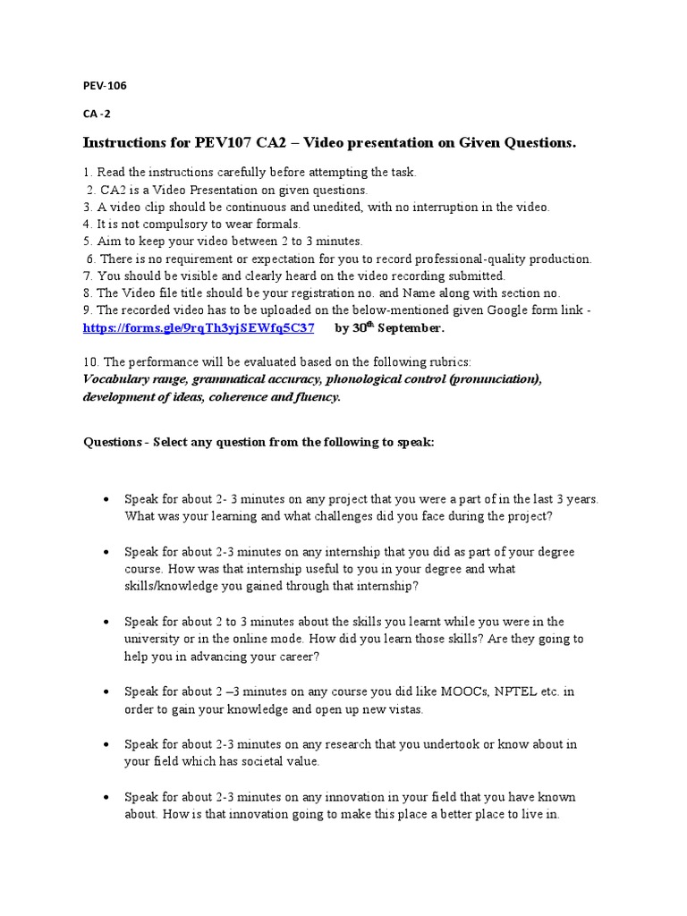 Instructions For PEV107 CA2 - Video Presentation On Given Questions | PDF | Career & Growth ...