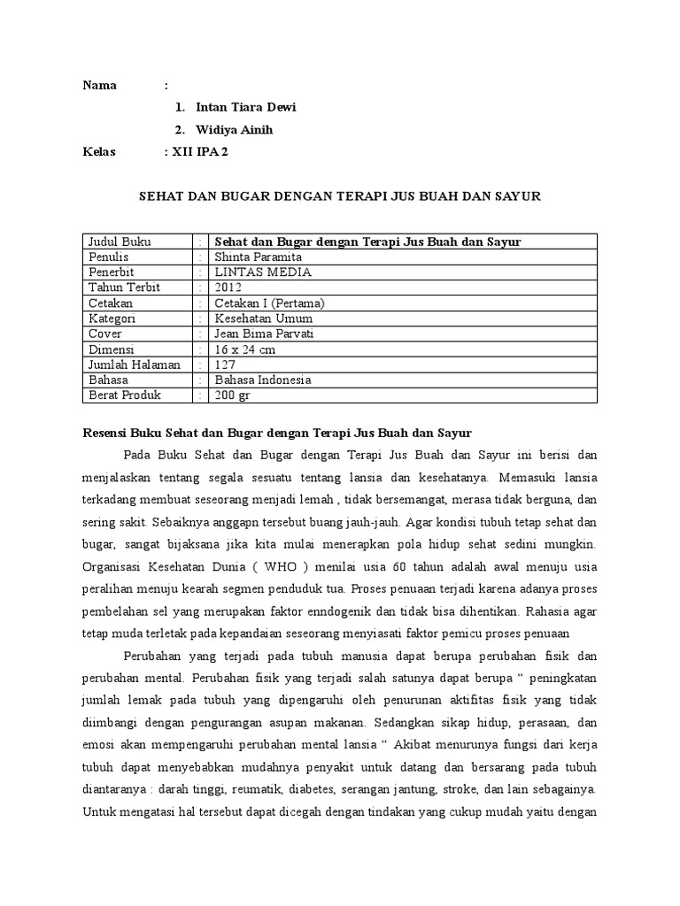 Buku Sehat Dan Bugar Dengan Terapi Jus Buah Dan Sayur | PDF