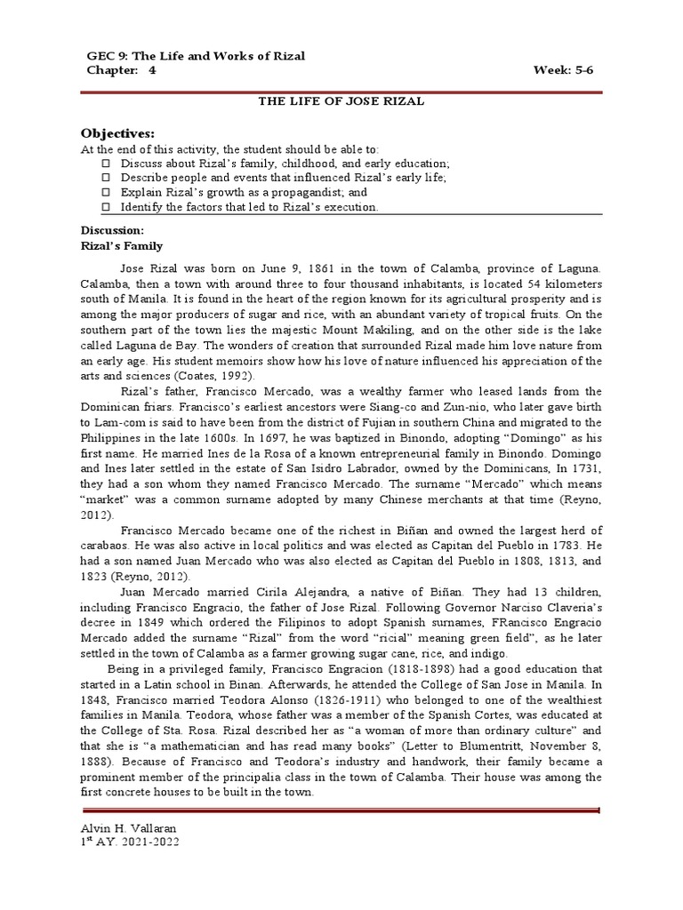 Lesson 4 - THE LIFE OF JOSE RIZAL | PDF | Philippines