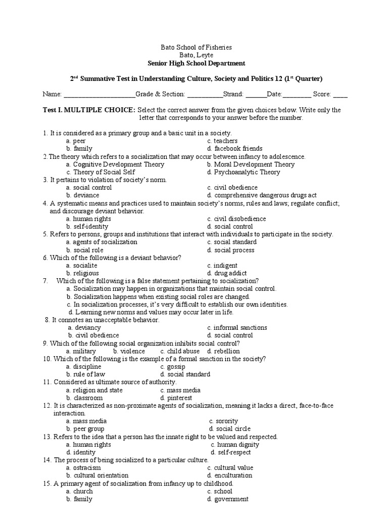 Senior High School Department 2 Summative Test in Understanding Culture ...