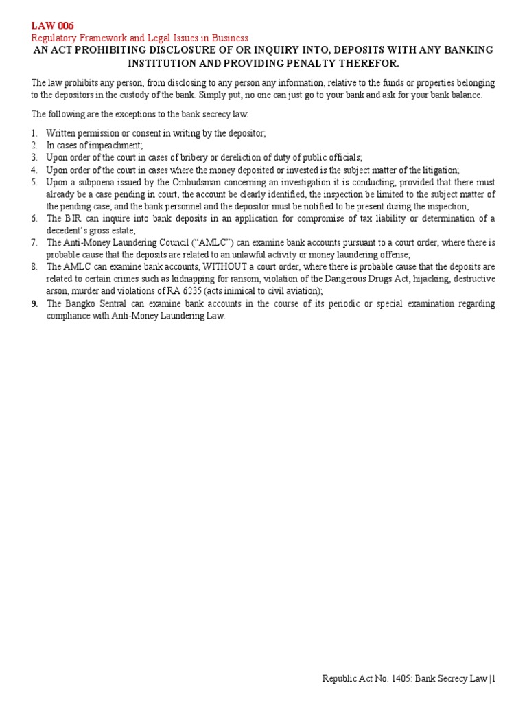 RA No. 8293 - Bank Secrecy Law (Trans) | PDF