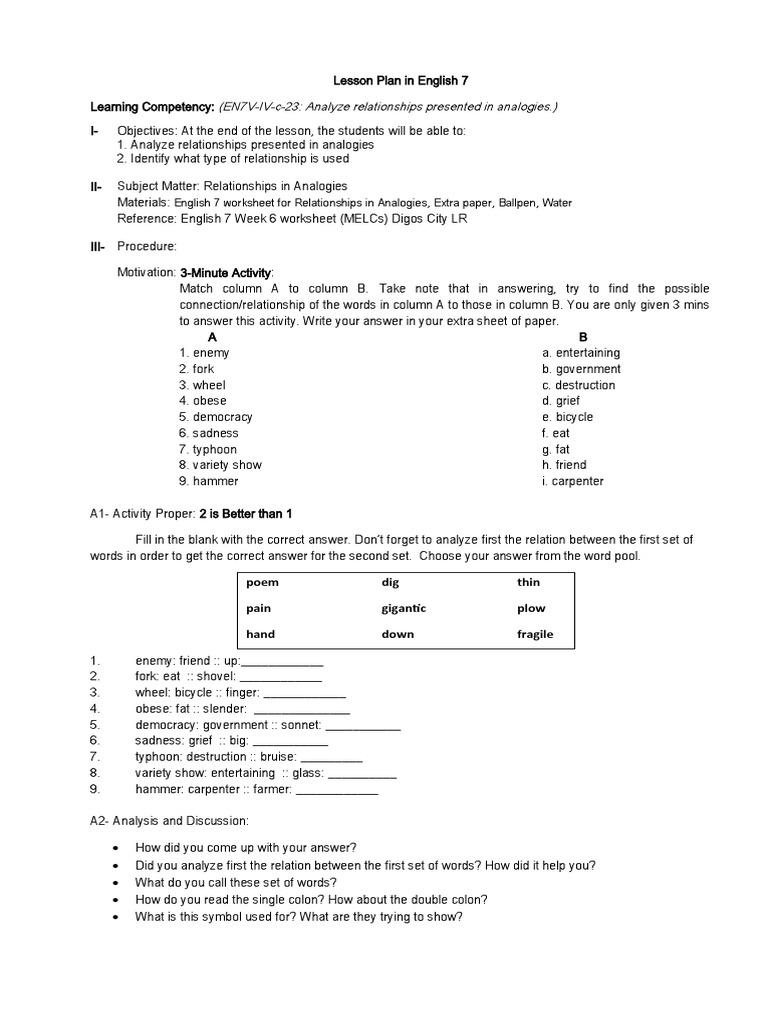 English 7 Analogy Lesson Plan | PDF | Analogy | Cognition