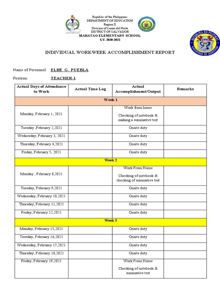 Workweek Accomplishment Report | PDF | Workweek And Weekend ...