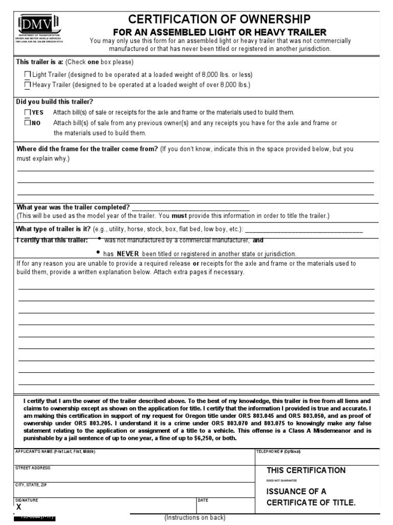 Certificate of Ownership Template 08 | PDF | Trailer (Vehicle ...