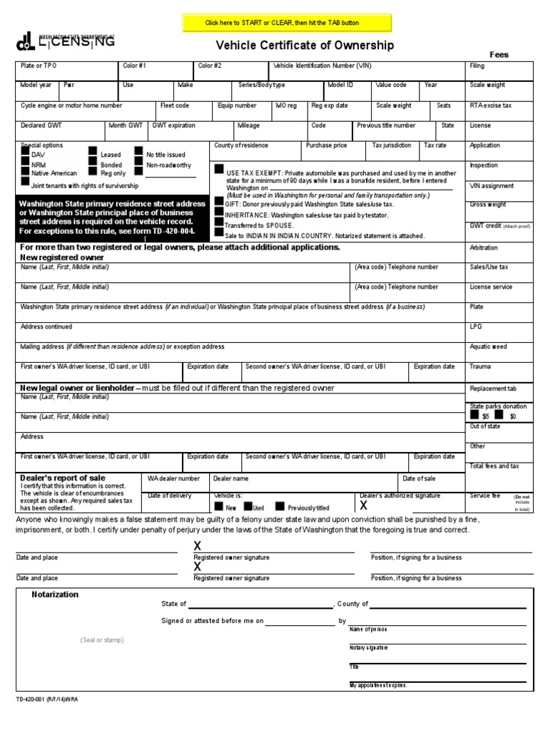 Washington Vehicle Ownership Certificate | PDF | Driver's License | Taxes