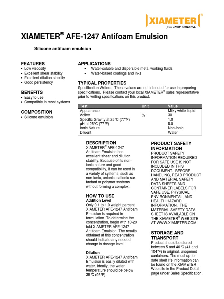 Xiameter AFE-1247 Antifoam Emulsion | PDF | Emulsion | Silicone