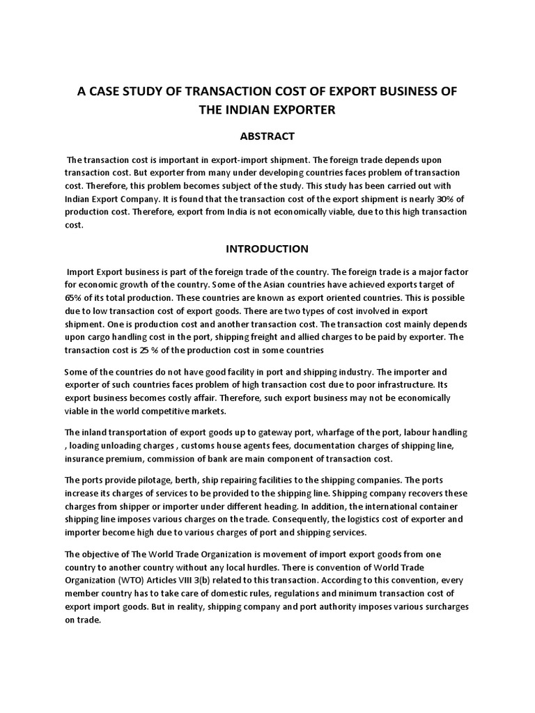 A Case Study of Transaction Cost of Export Business of The Indian ...