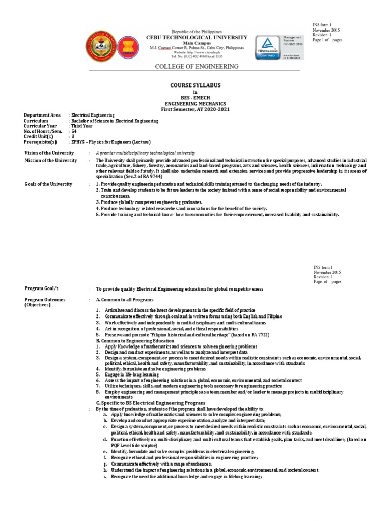 Course Syllabus: Bes - Emech Engineering Mechanics First Semester, AY 2020-2021 | PDF | Force ...