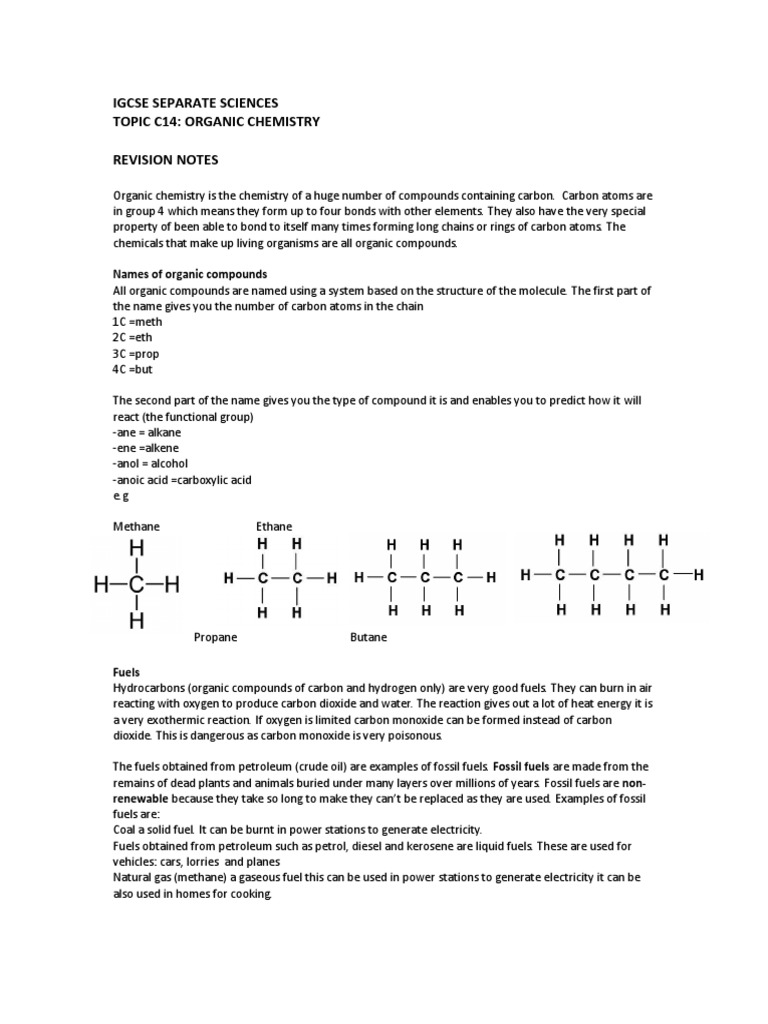 Igcse Separate Sciences Topic C14: Organic Chemistry Revision Notes ...