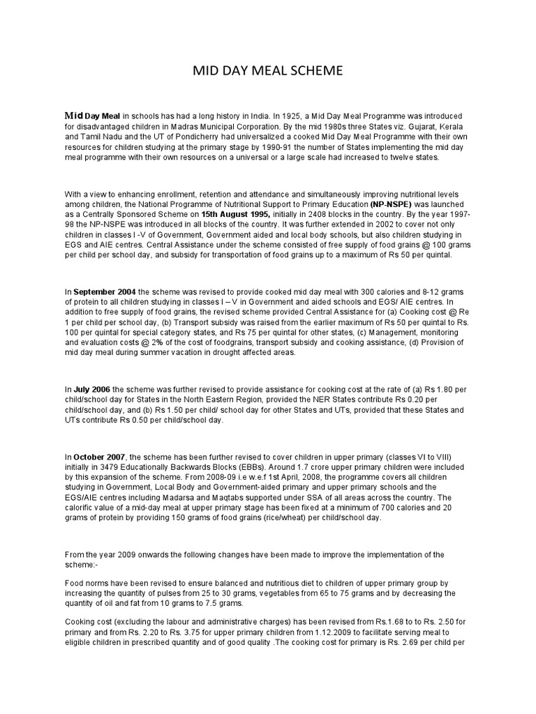 Mid Day Meal Scheme | PDF | Food And Drink | Nutrition