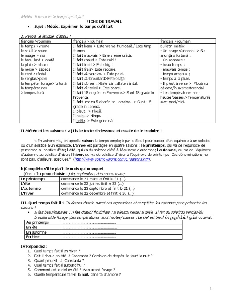 Exprimer Le Temps Quil Fait | PDF | Hiver | Automne