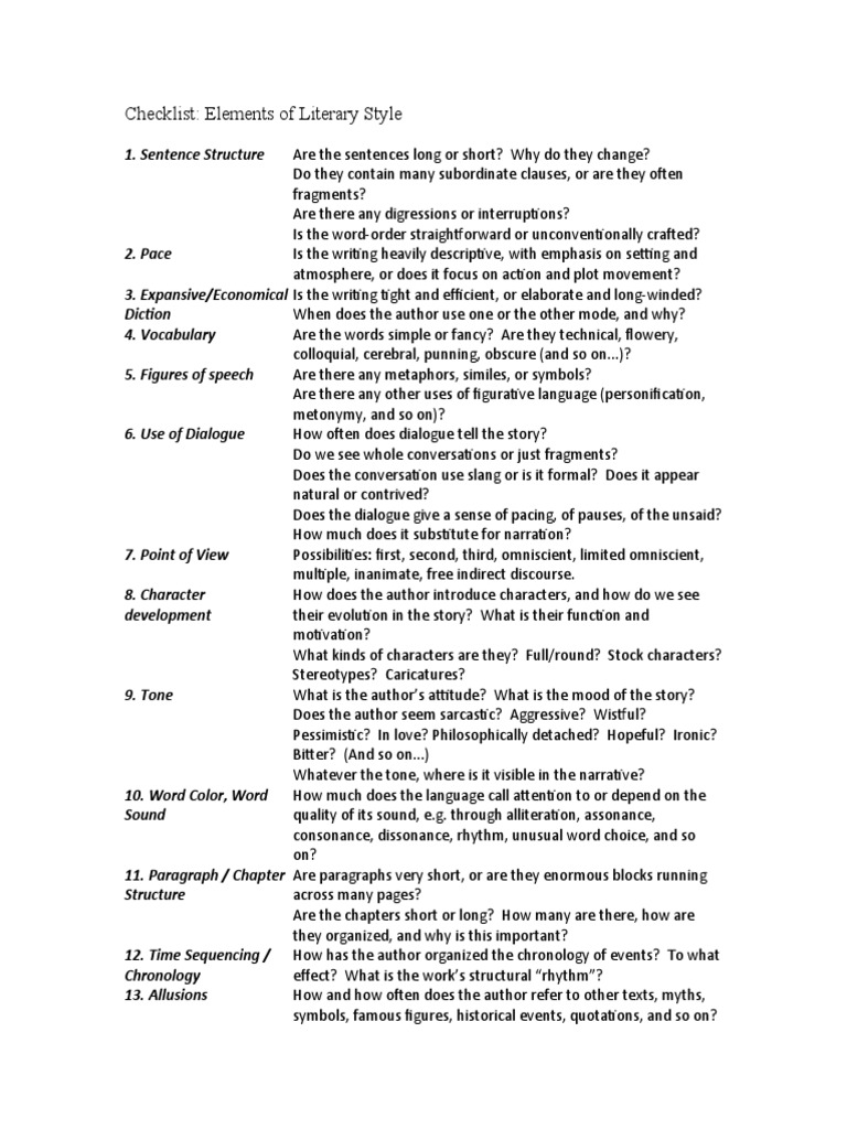 Checklist Literary Style Elements | PDF | Narration | Cognition