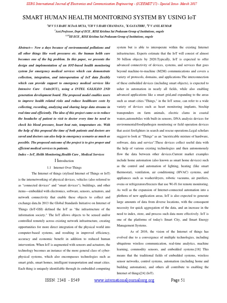 Smart Human Health Monitoring System by Using Iot: ISSN: 2348 - 8549 ...