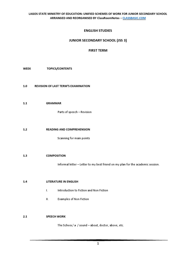 English Studies Scheme of Work For Junior Secondary School JSS 3 | PDF ...