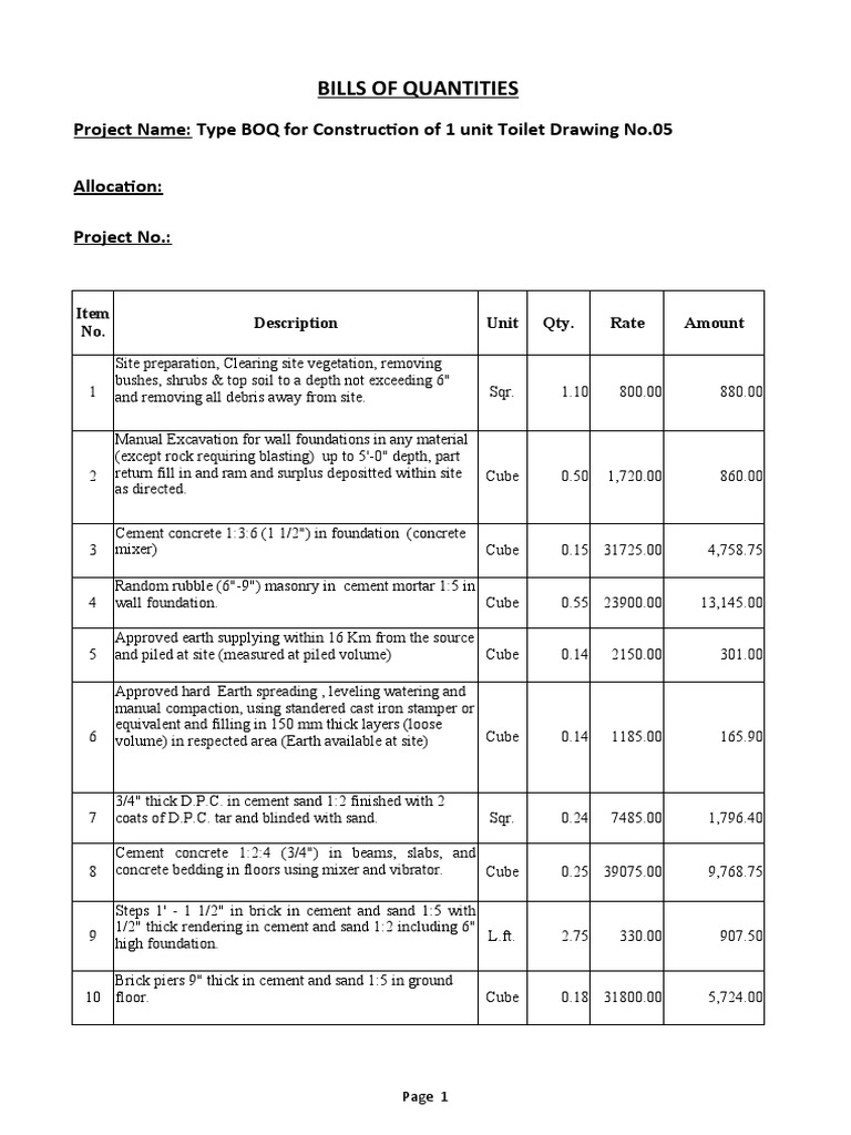 Type BOQ For Construction of 1 Unit Toilet Drawing No.05 | PDF ...