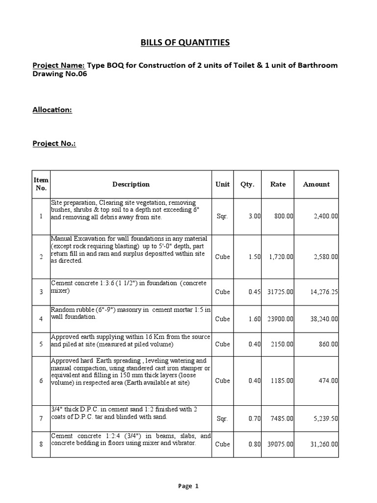Type BOQ For Construction of 2 Units of Toilet & 1 Unit of Barthroom Drawing No.06 | PDF ...