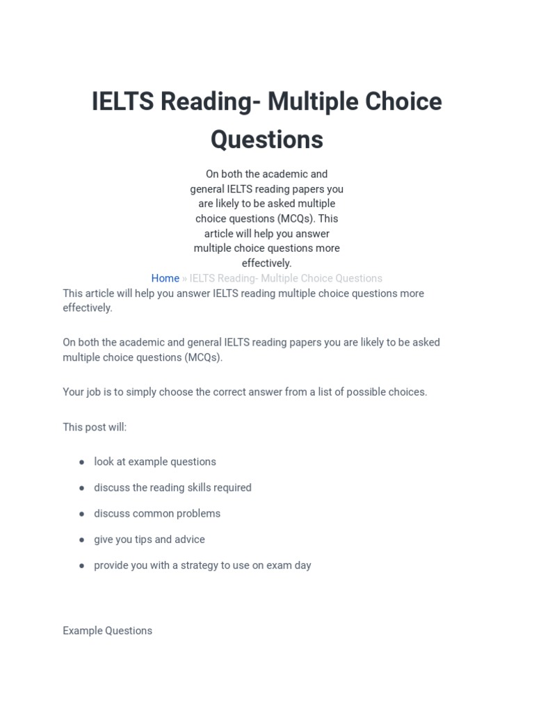 IELTS Reading - Multiple Choice Questions | PDF | Multiple Choice ...