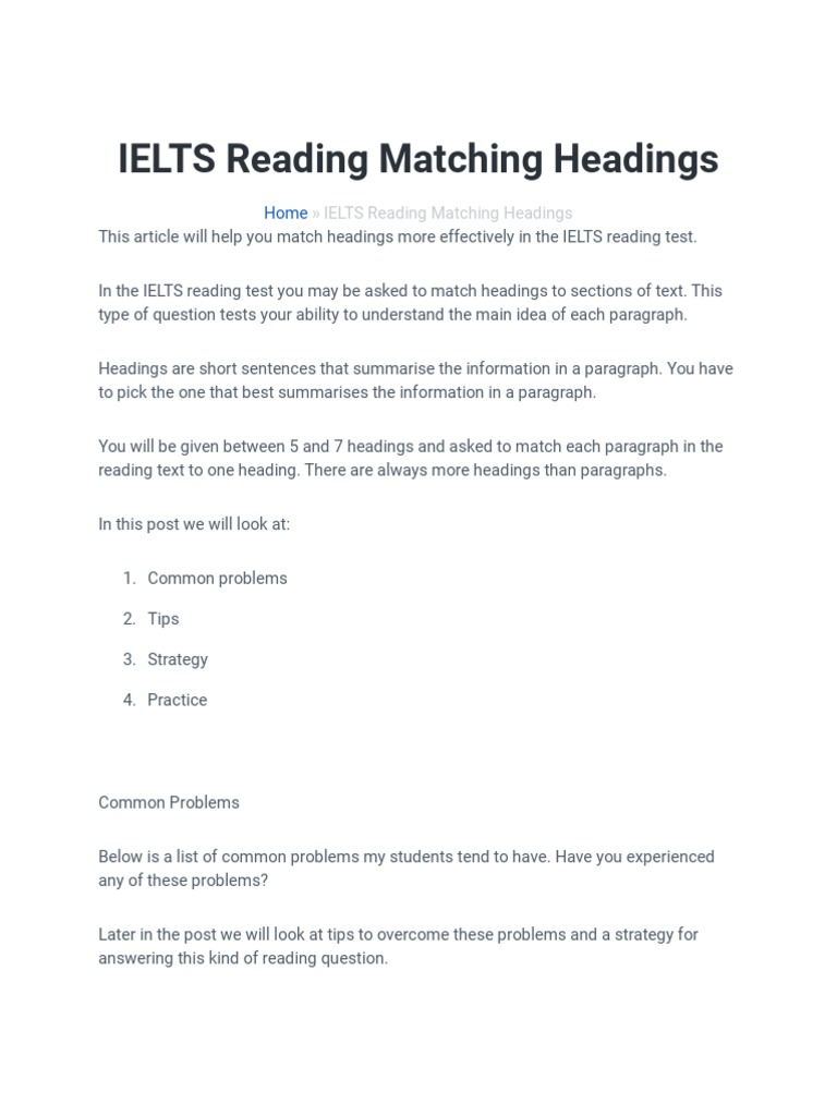 IELTS Reading: Matching Headings Guide | PDF | International English ...