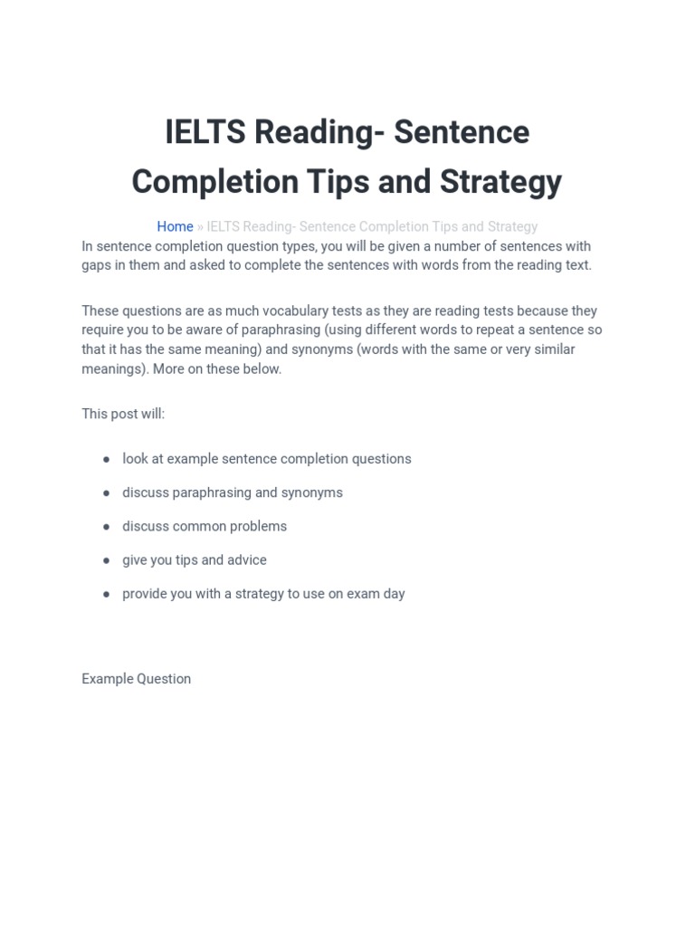 IELTS Reading - Sentence Completion Tips and Strategy | PDF ...
