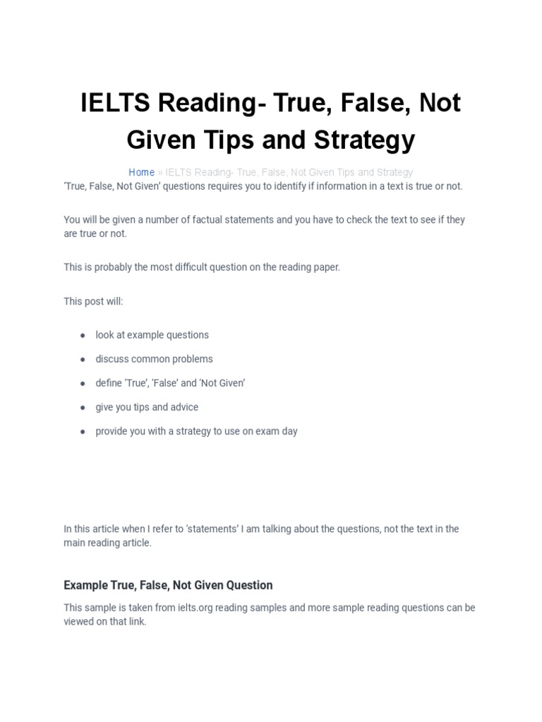 IELTS Reading - True, False, Not Given Tips and Strategy | PDF ...