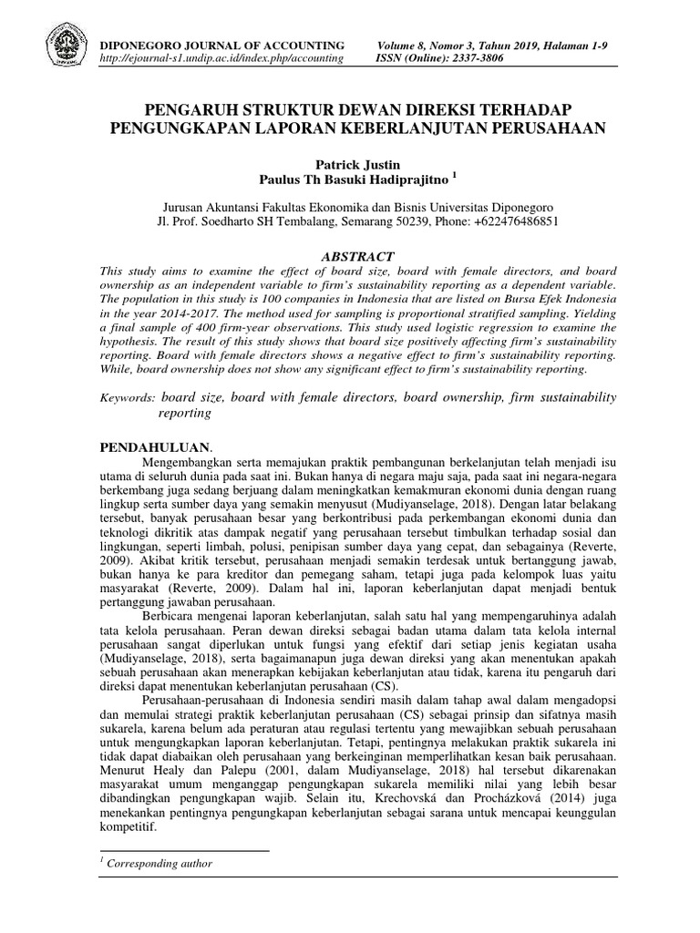 Pengaruh Struktur Dewan Direksi Terhadap Pengungkapan Laporan Keberlanjutan Perusahaan | PDF