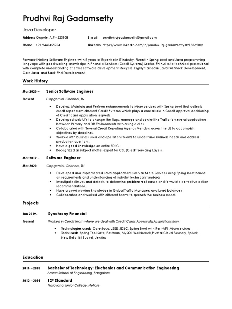Prudhvi Raj Gadamsetty Java Developer Pdf My Sql Java Programming Language