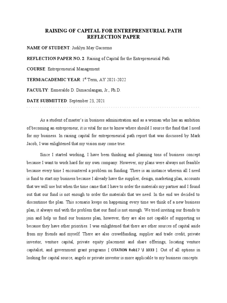 Raising of Capital For Entrepreneurial Path Reflection Paper | PDF ...