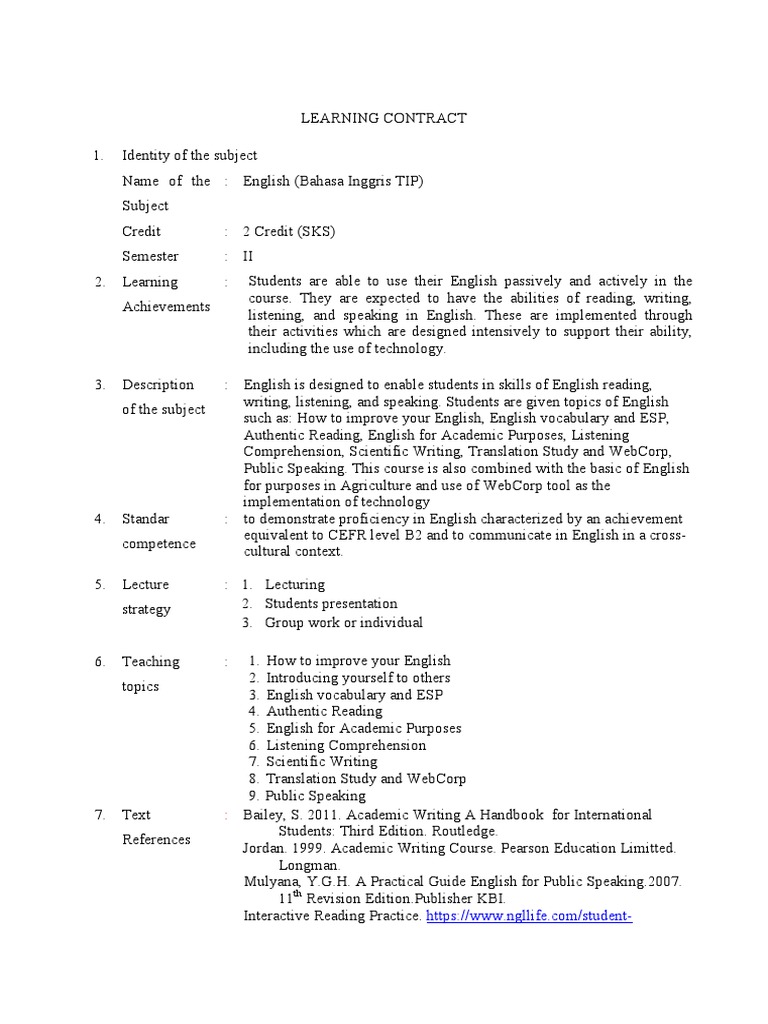 w1 Learning Contract TIP - FTP | PDF | Rubric (Academic) | English Language