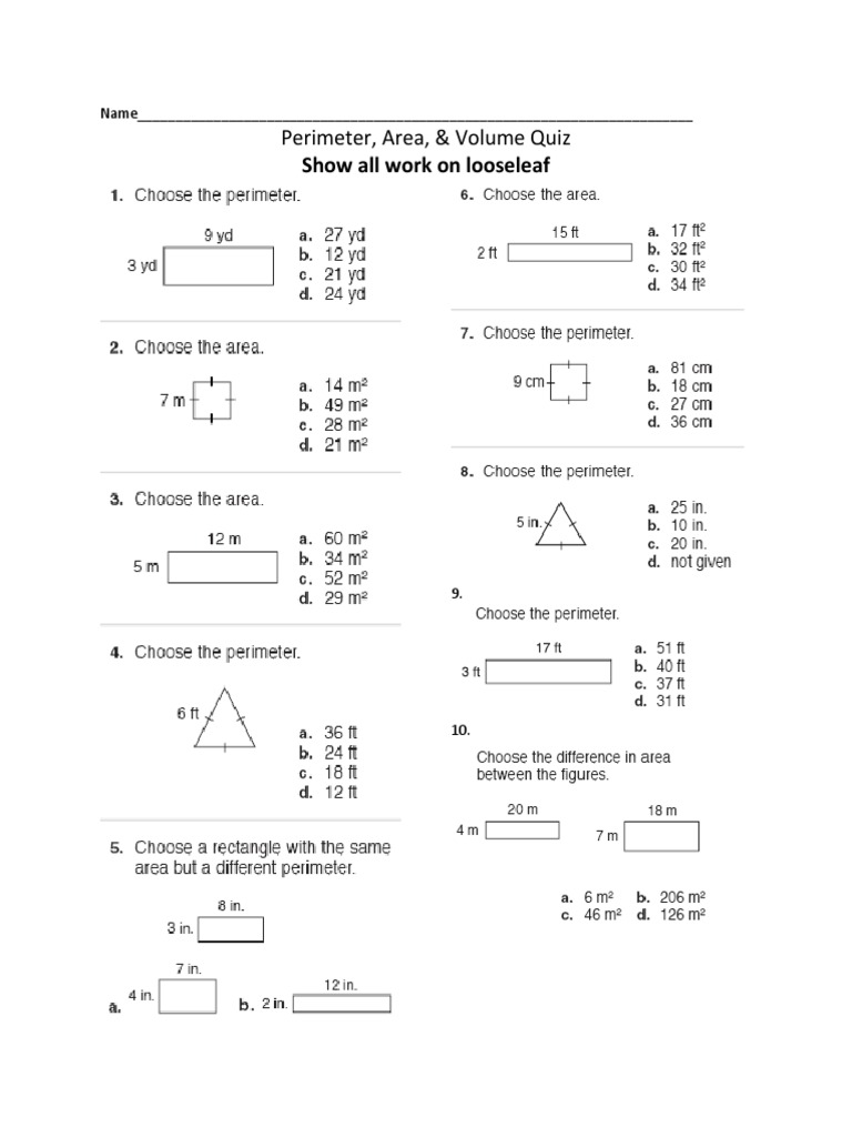 Perimeter, Area, Volume Quiz | PDF | Teaching Methods & Materials