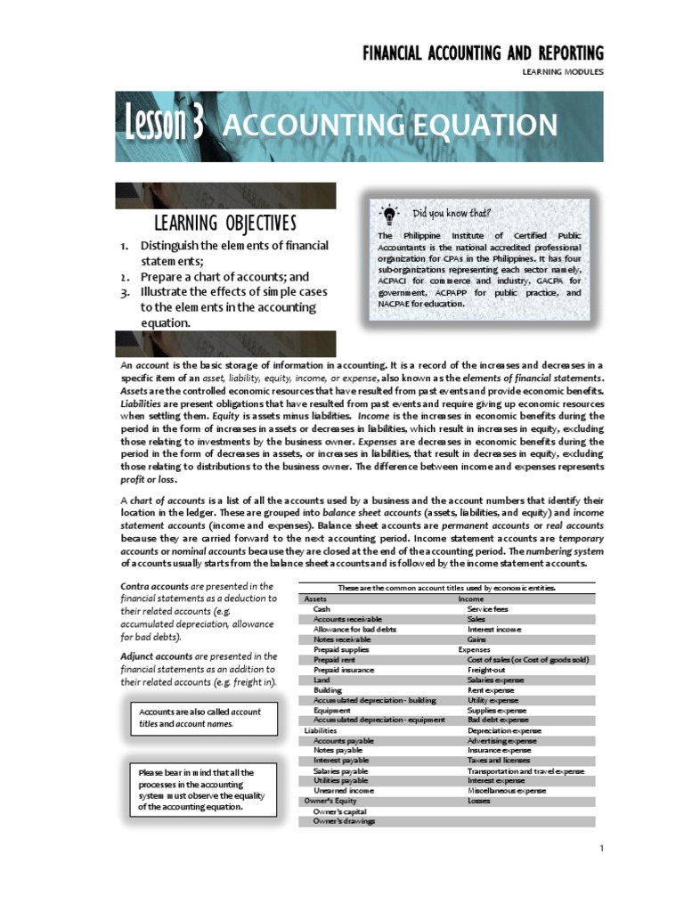 Lesson 3: Accounting Equation | PDF | Expense | Equity (Finance)