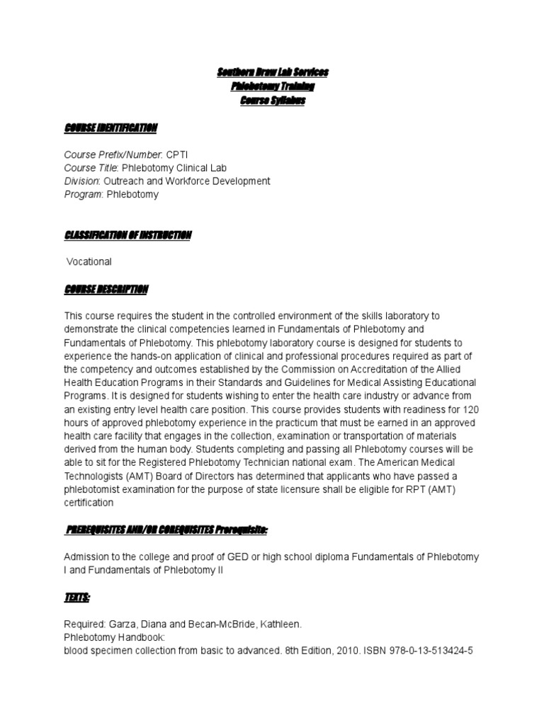 Southern Draw Lab Services Phlebotomy Training Course Syllabus Course ...