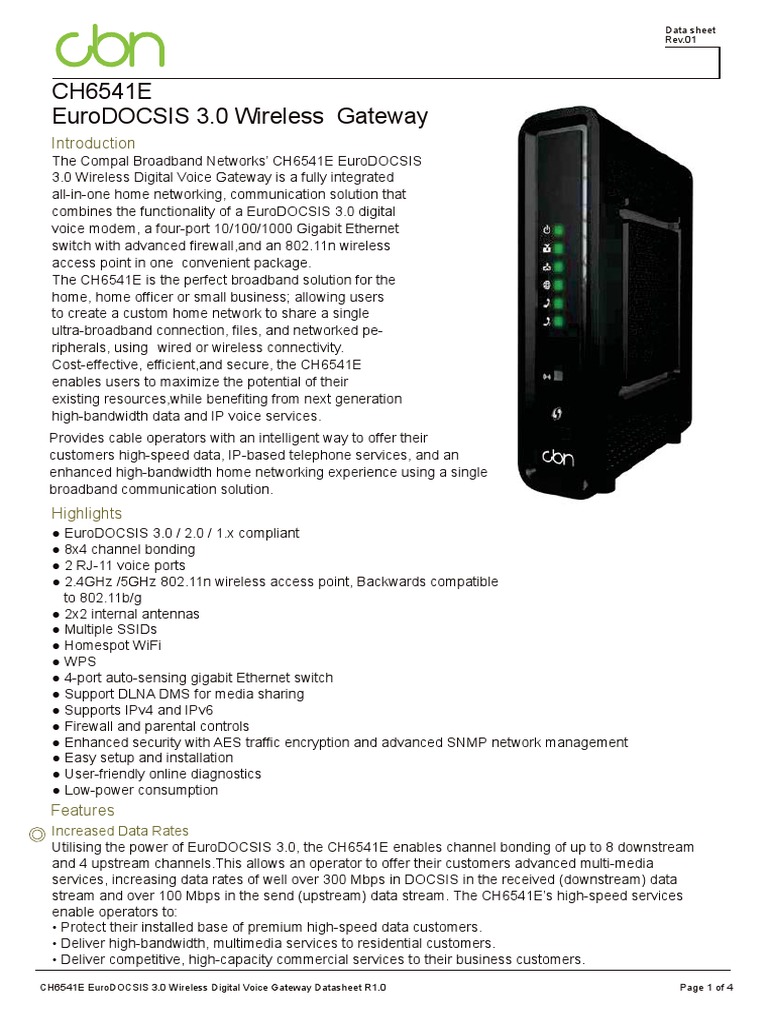Ch6541E Eurodocsis 3.0 Wireless Gateway: Data Sheet Rev.01 | Download ...