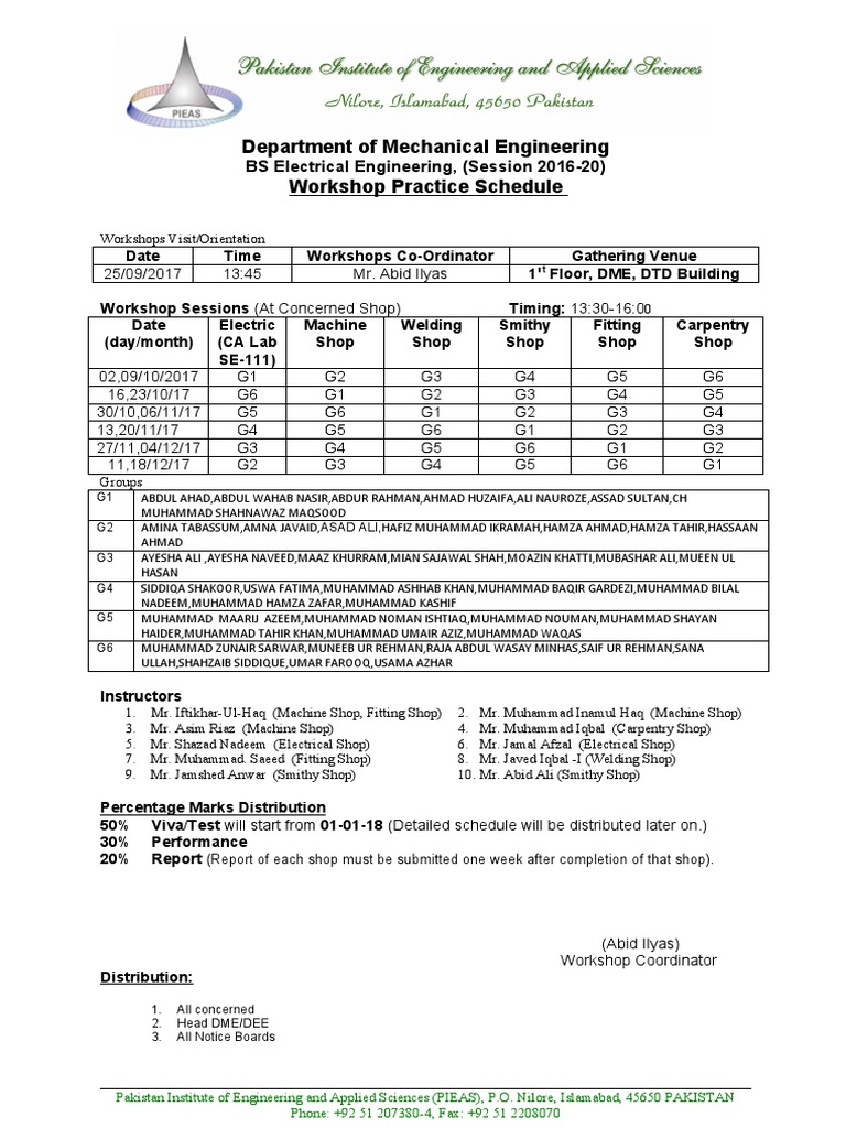 Department of Mechanical Engineering Workshop Practice Schedule | PDF