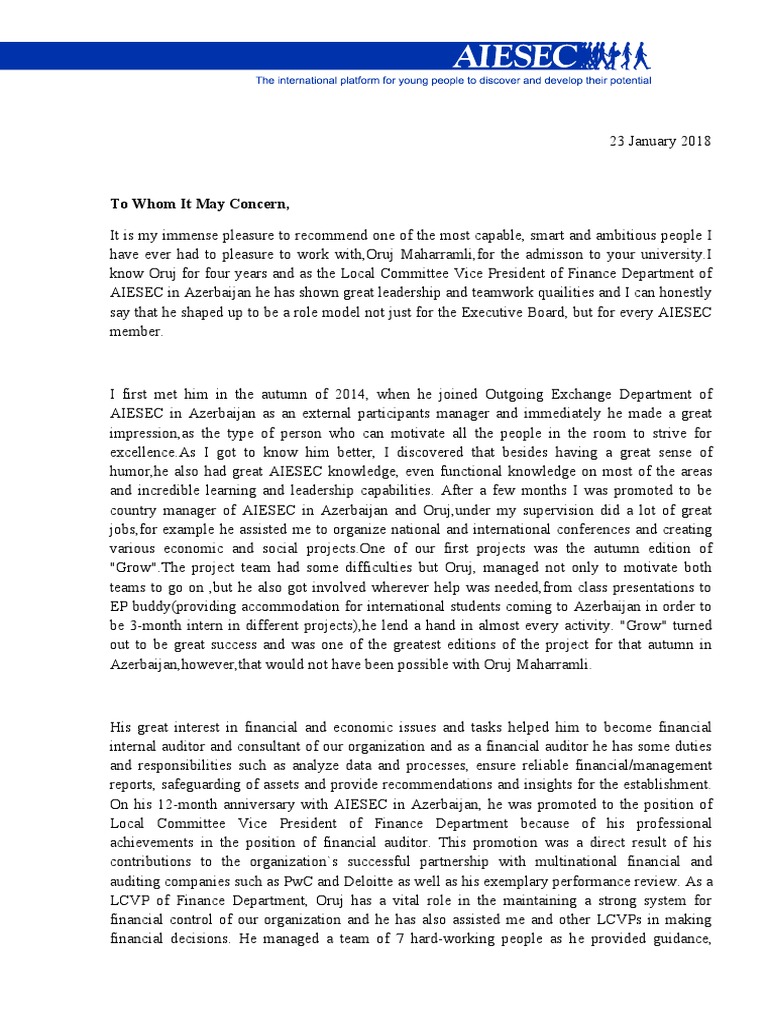 Aiesec Recommendation Letter | PDF | Internal Audit | Economies