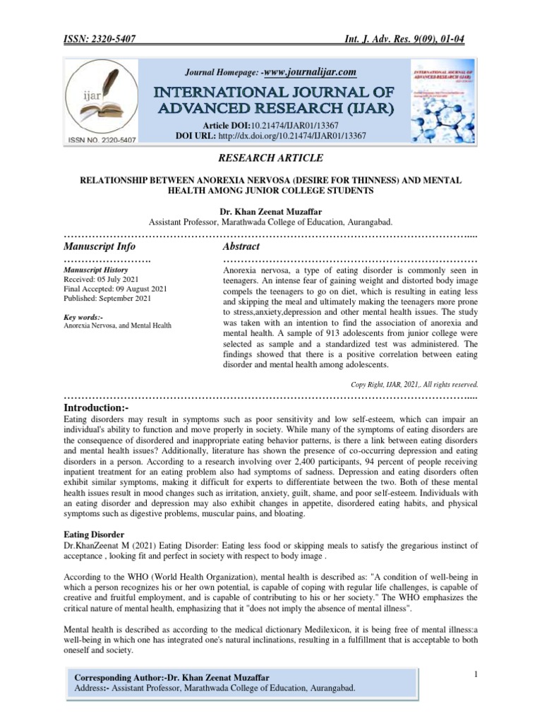 Relationship Between Anorexia Nervosa (Desire For Thinness) and Mental ...