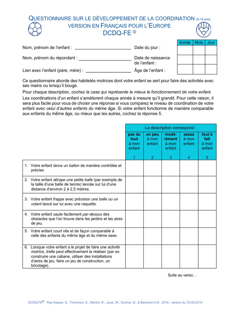 Questionnaire Parents DCDQ-FE | PDF
