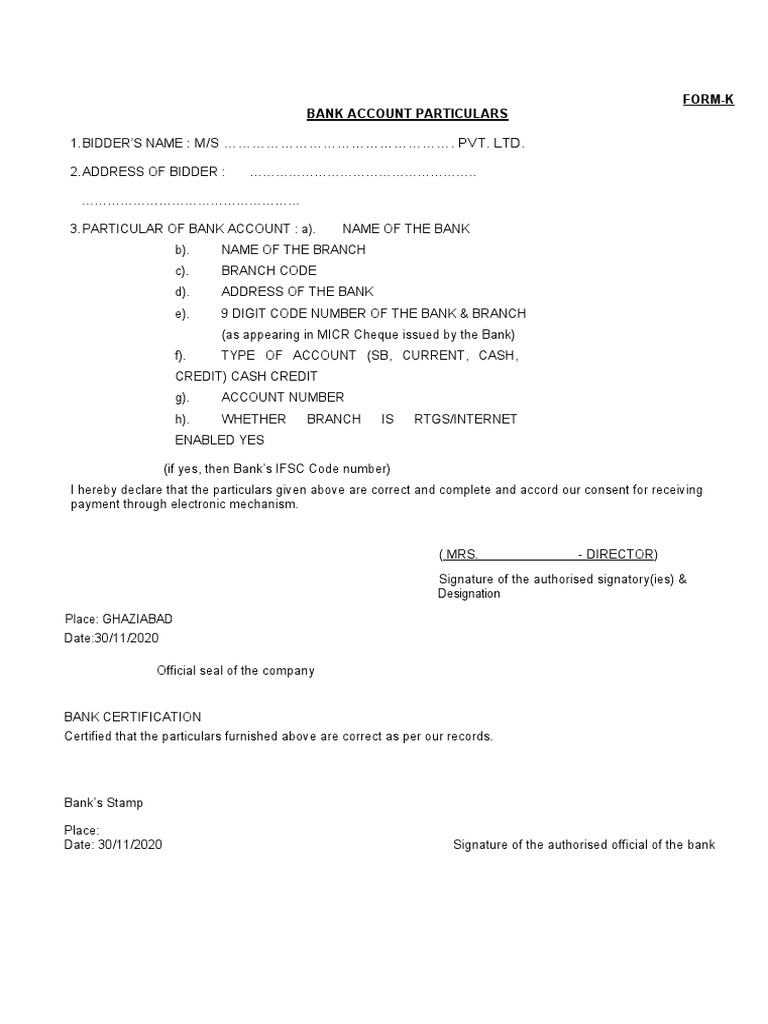 Form K Bank Account Particulars | PDF